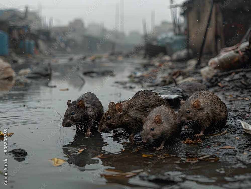 Dirty disgusting rats or mouses on area that was filled with sewage ...