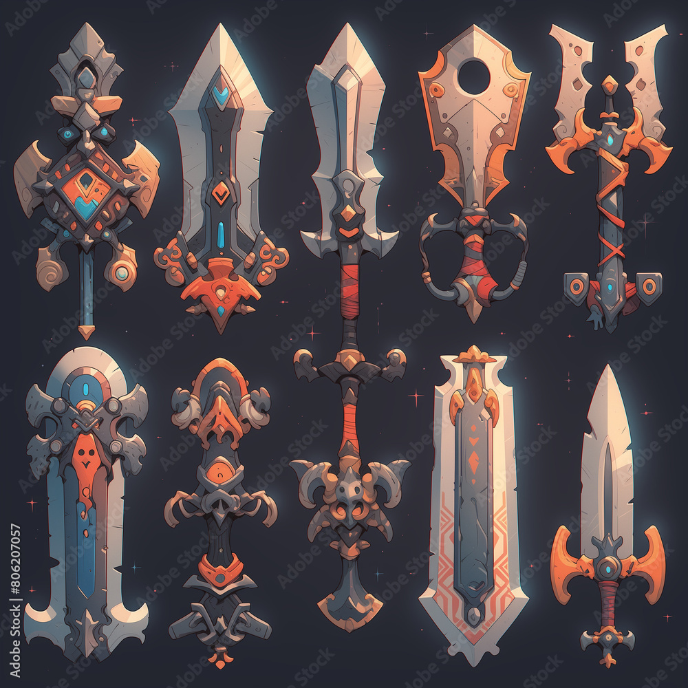 sheet of different types of swords and axes, clay render, blender, oily ...