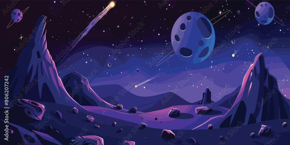 Celestial Journey, Cartoon Vector Illustration of Galactic Landscape ...