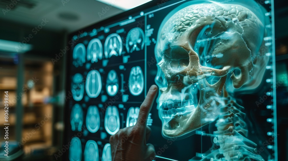 The doctor scans the patient, whose structure is reflected on a large ...