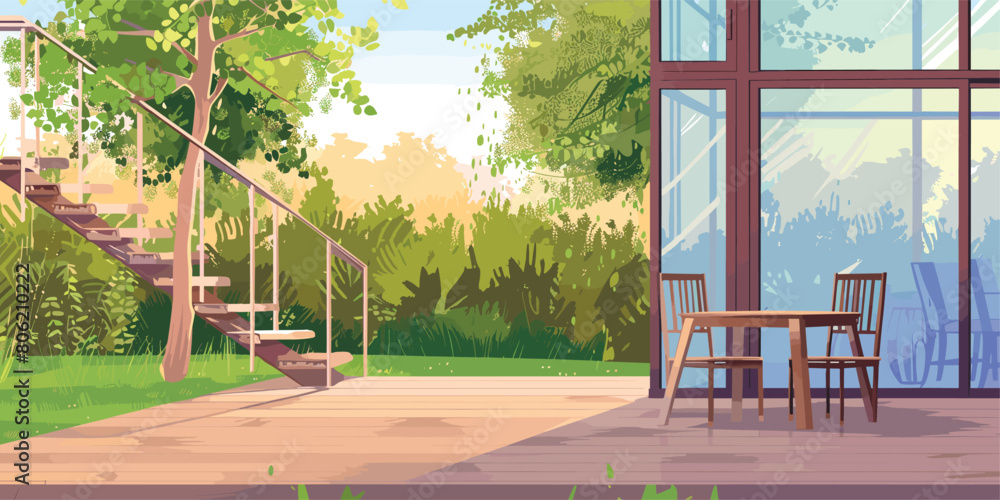 Cottage Patio Serenity, Vector Cartoon Illustration of Wooden Terrace ...