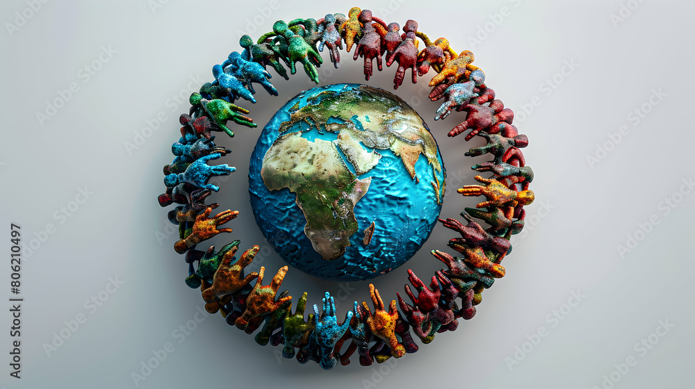 Global Unity: Diverse Hands Forming Circle Around Earth Model in ...