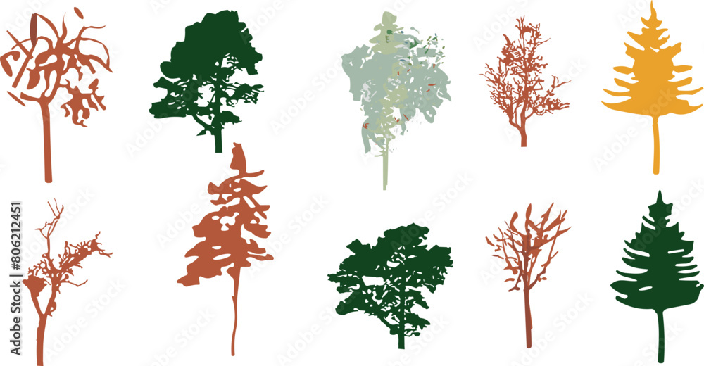 silhouette tree line drawing set, Side view, set of graphics trees ...