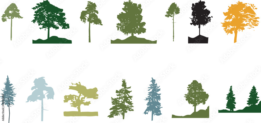 silhouette tree line drawing set, Side view, set of graphics trees ...