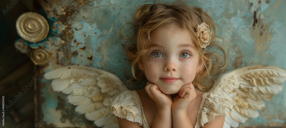 Beautiful little angel child, white feather wings, dreamy romantic ...