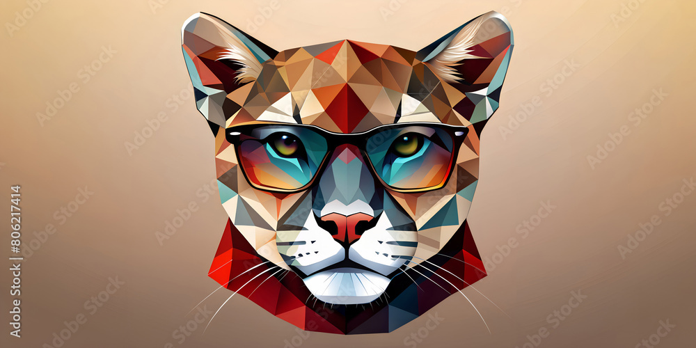 A stylized geometric representation of a puma's head,wearing glasses ...