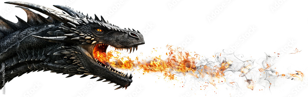 Black dragon head is spitting fire isolated on a white background as ...