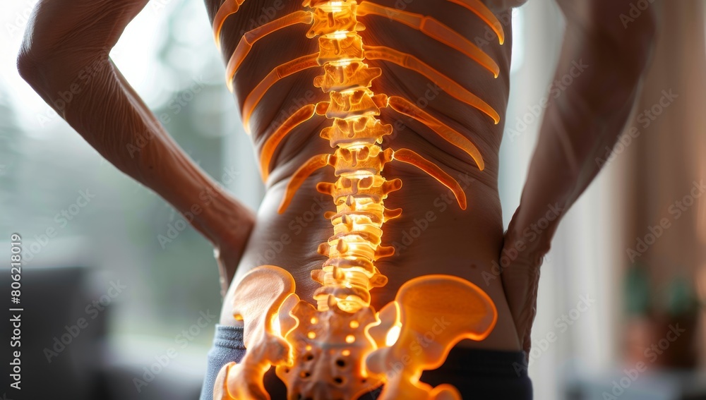 The back pain of an elderly person with glowing red lines on the spine ...