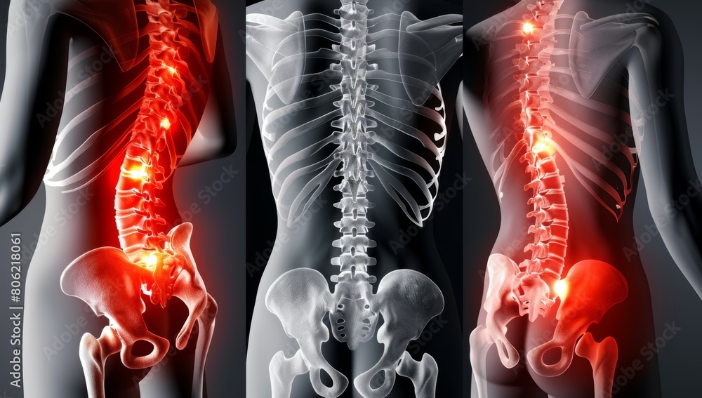 The back pain of an elderly person with glowing red lines on the spine ...