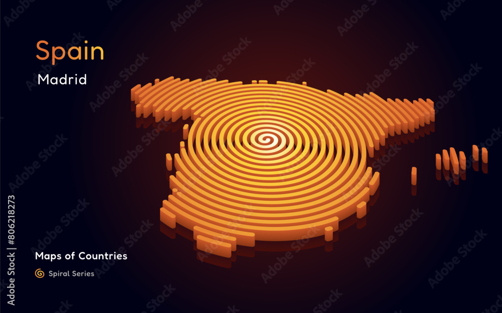 3D Gold Vector Map of Spain a Circle Spiral Pattern with a Capital of ...