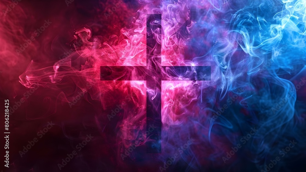 Christian cross in red and blue smoke symbolizes moral choices. Concept ...