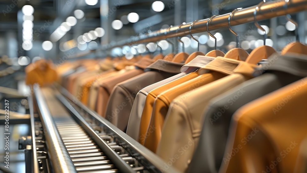 Clothes hangers on a conveyor belt in a dry cleaning facility. Concept ...