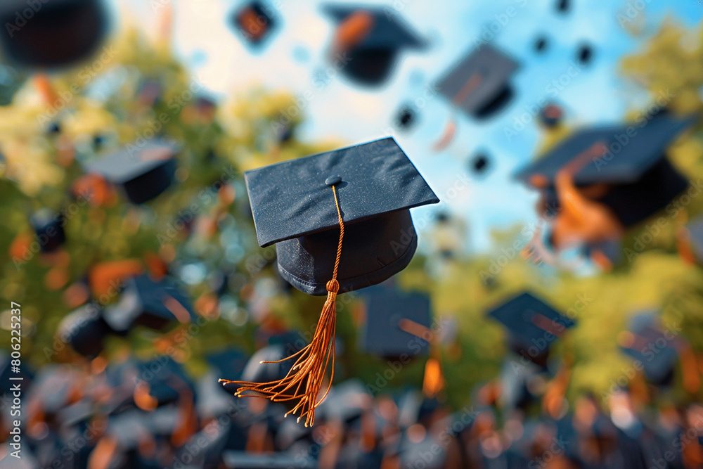 College graduation day captured with square academic caps tossed ...
