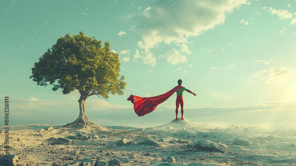 Surreal EcoSuperhero An ecofriendly superhero flies over a barren ...