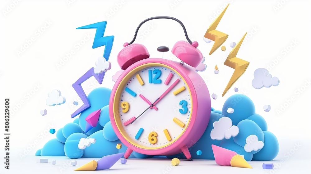 3D render alarm clock hurry up, ringing watches with flash lightnings ...