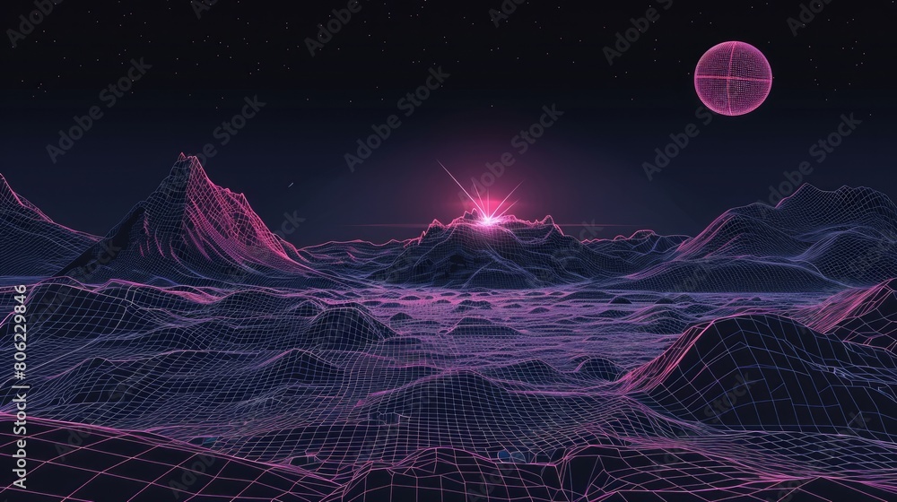 A retro-futuristic digital landscape depicting a wireframe terrain ...