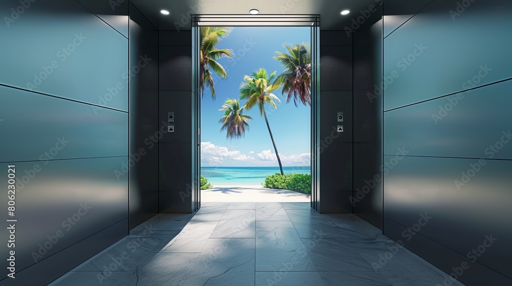 Depicting an office elevator-vacation concept, stark elevator doors ...