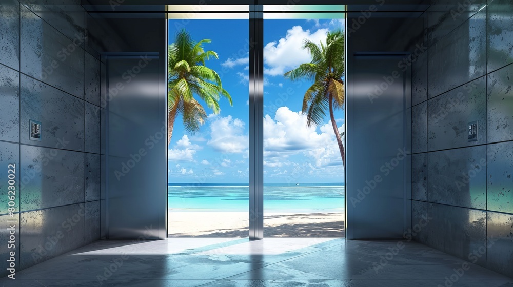 Depicting an office elevator-vacation concept, stark elevator doors ...