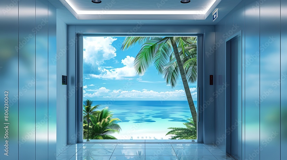 Depicting an office elevator-vacation concept, stark elevator doors ...