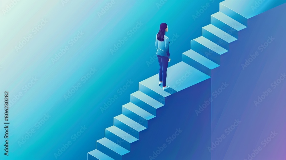 Career ladder of a business woman standing on the first step ladder ...