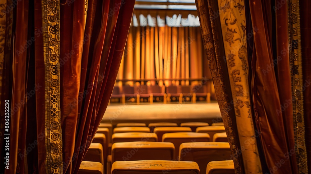 Offering a glimpse of theater seats through curtains, providing a ...