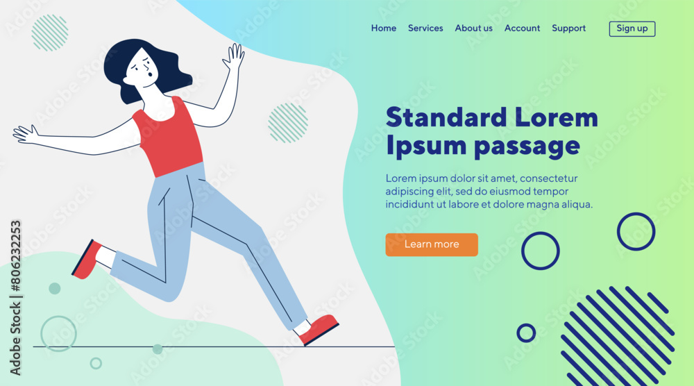 Clumsy woman running on wet floor. Cartoon female character slipping ...