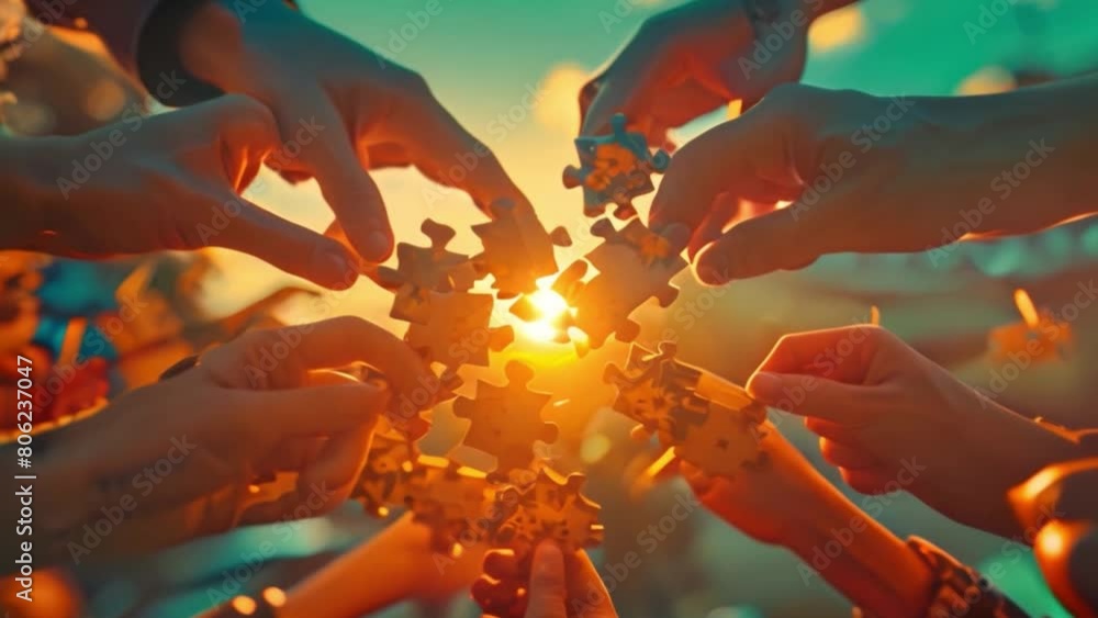 A jigsaw puzzle comes together under a bright and sunny sky Teamwork ...