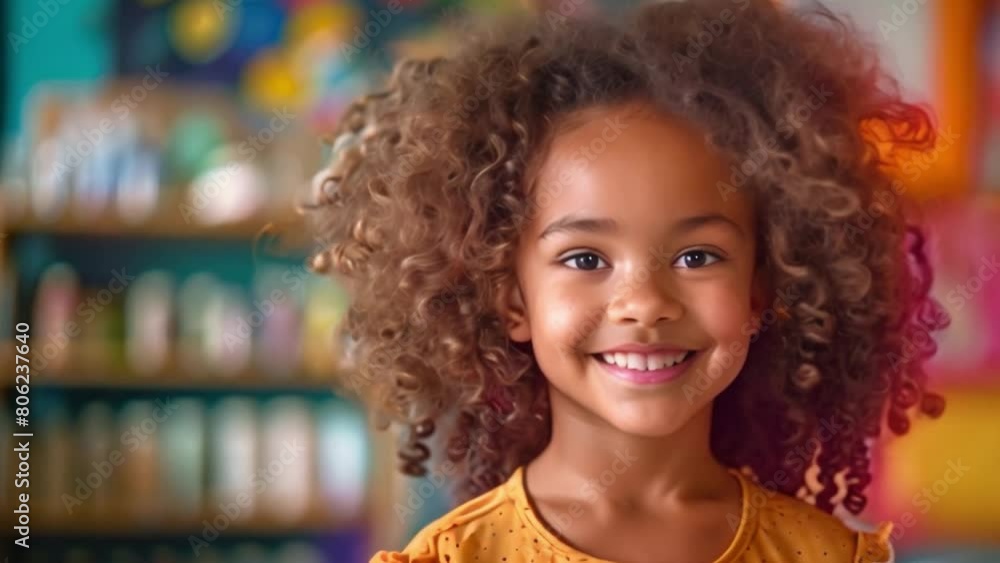 A girl studying in the classroom smiles happily. Eyes sparkling with ...
