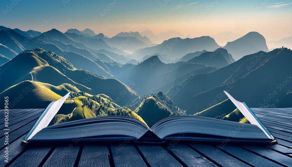 giant book with pages forming mountains and valleys, creating a ...