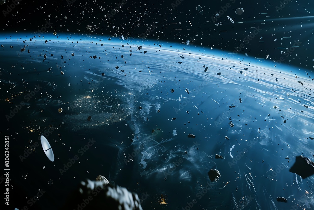 Ultra HD 4K space junk scene, realistic, orbiting debris around Earth Stock Illustration | Adobe ...