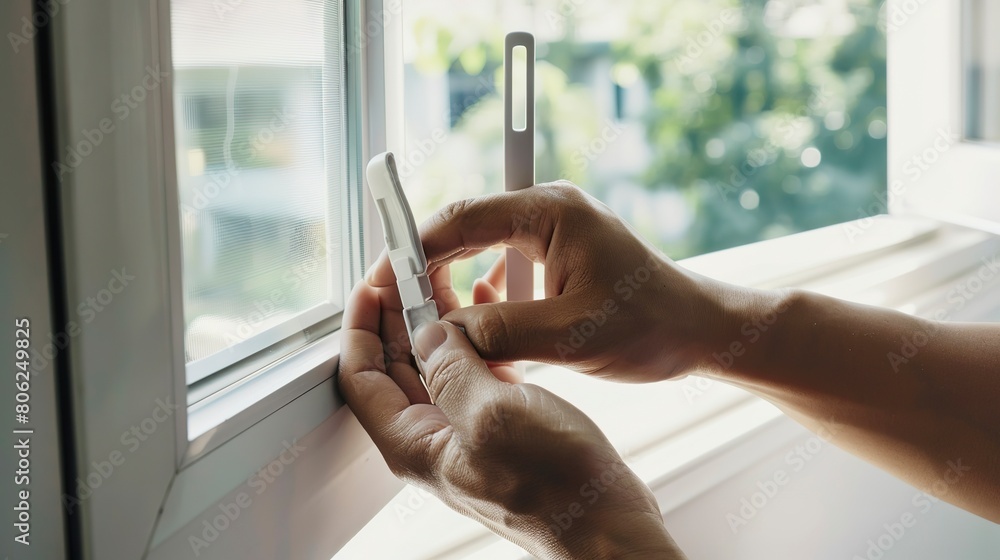 Window sensor installation, close-up of hands placing device, safety ...