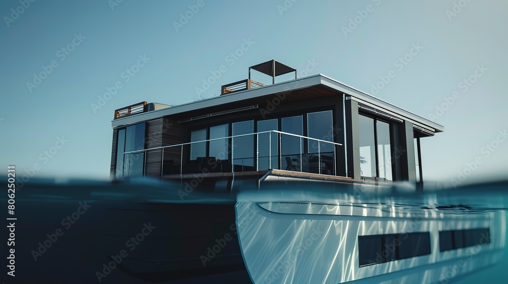 Floating home, houseboat hull close-up, waterline perspective, clear ...