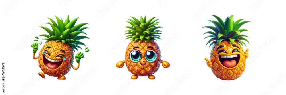 Set of illustration of a pineapple with laughing face, big eyes, arms ...