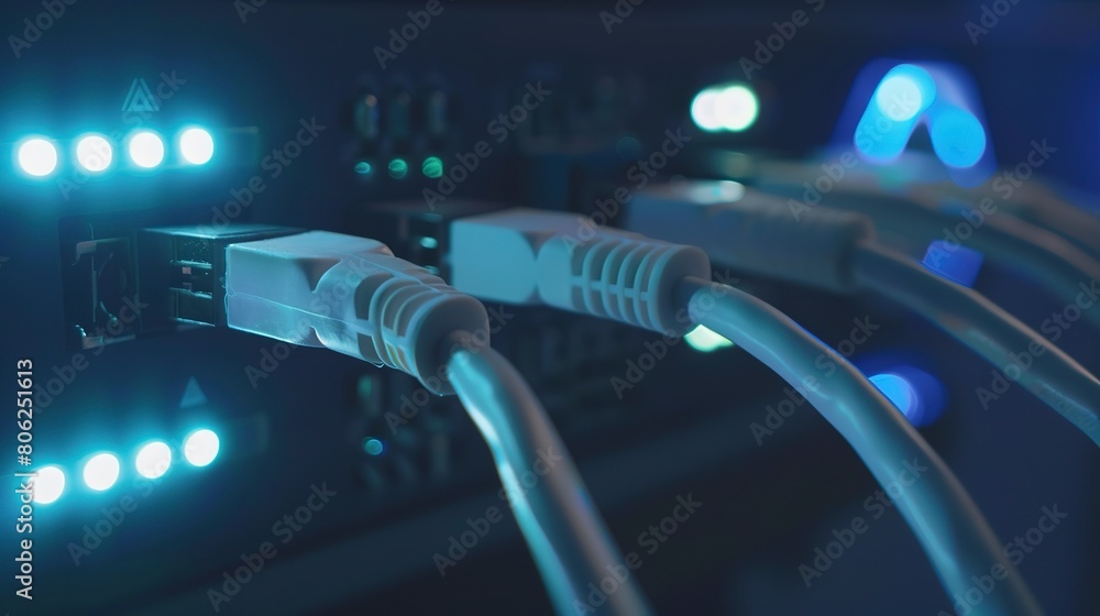 Network switch with Ethernet cables plugged in, close-up, LED ...