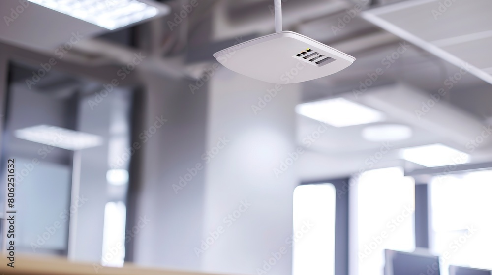 Wireless access point mounted on ceiling, close-up, focus on sleek ...