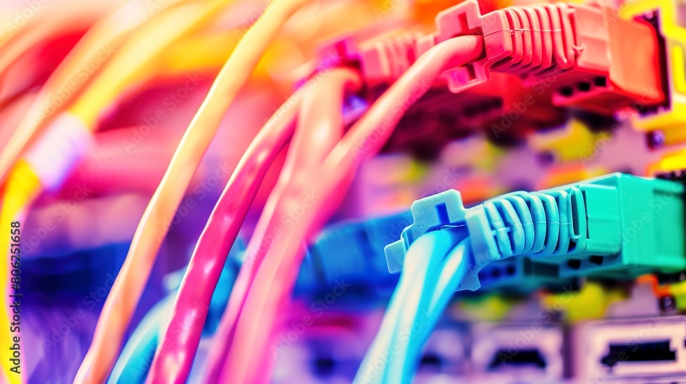 Ethernet cable junction box, close-up, a maze of colorful cables ...
