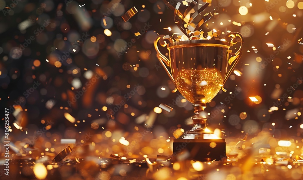 Trophy cup. Gold first place winners trophy with falling confetti and ...