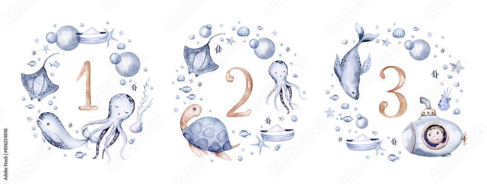 frame of sea animals. Blue watercolor ocean fish wreath, turtle, whale ...