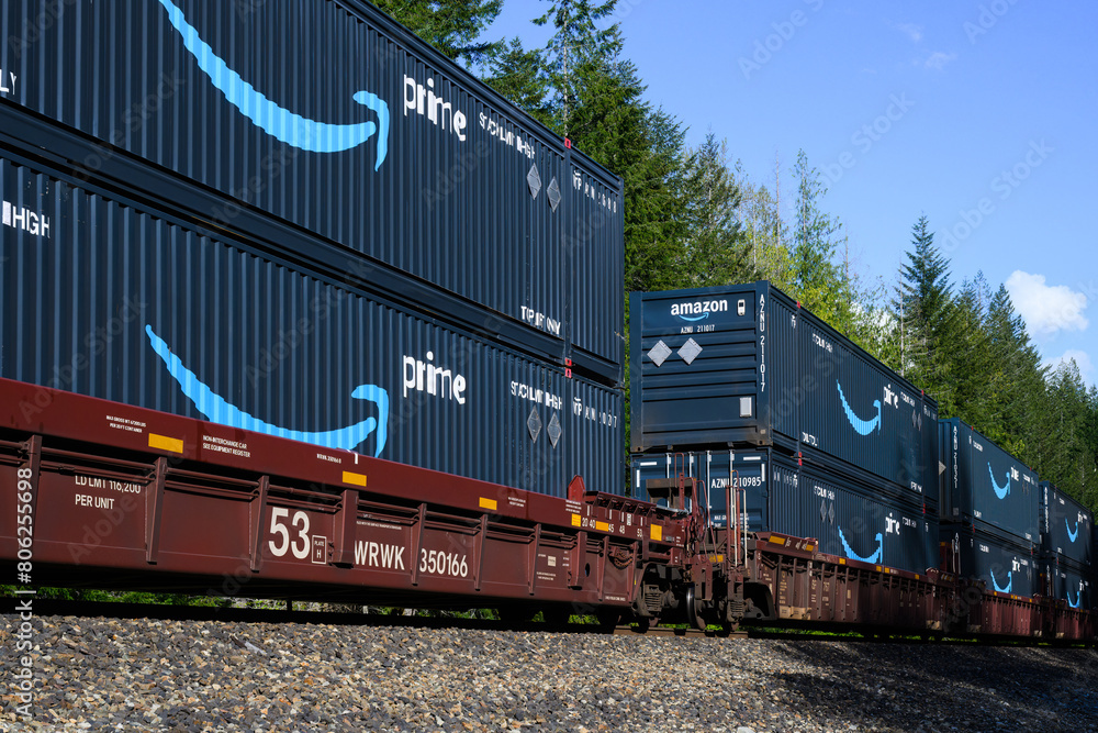 Skykomish, WA, USA - May 1, 2024; Amazon Prime freight containers ...