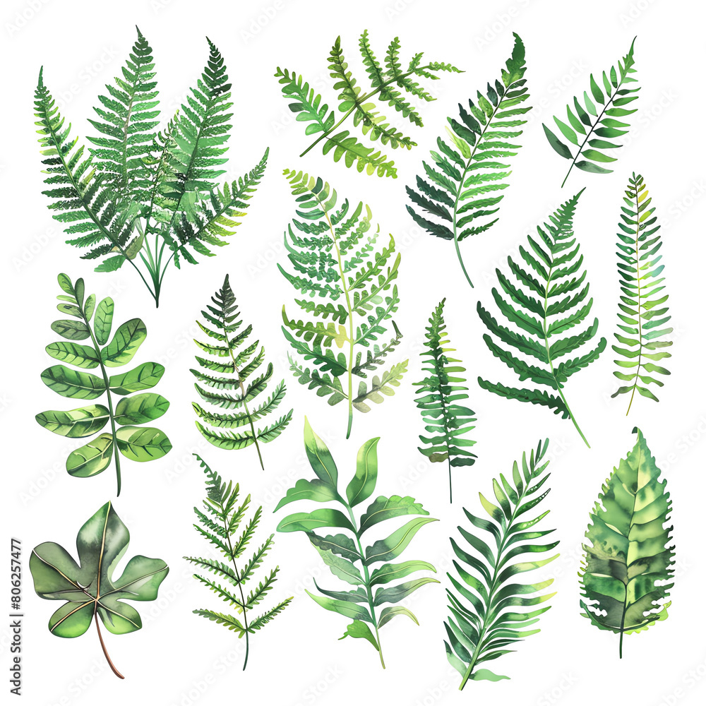 Set of watercolor hand drawn fern leaves isolated on black background ...