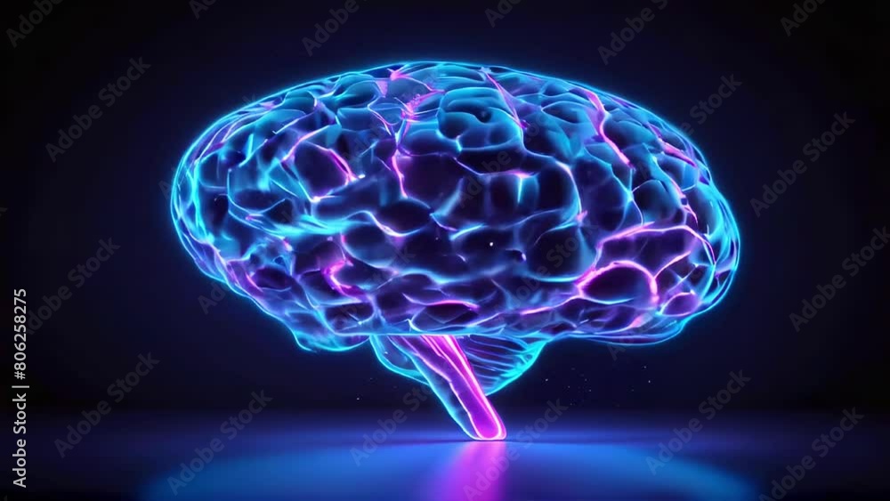 Neon human brain in dark blue and pink. Futuristic digital art of ...