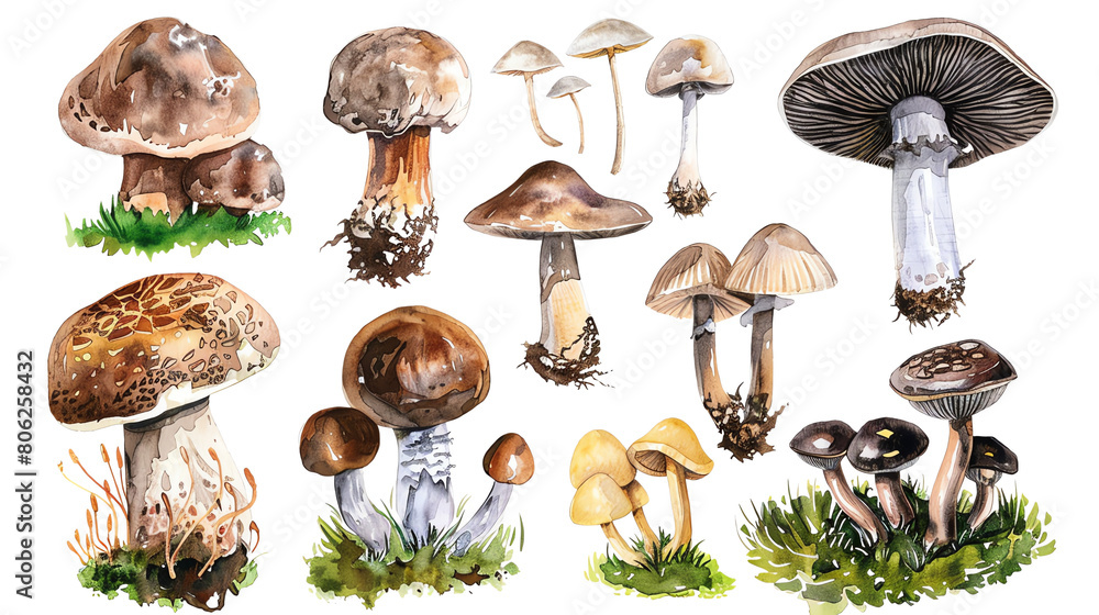 There are ten different types of mushrooms in the photo. They are all ...
