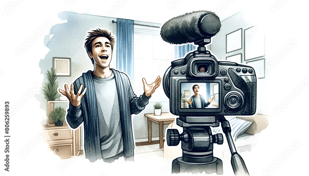 Animated young male vlogger recording a lively video in a bedroom setup ...