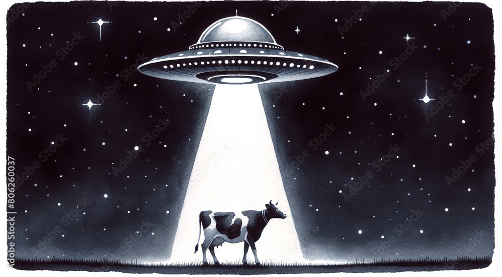 Illustration of a cow being abducted by a UFO with a beam of light ...