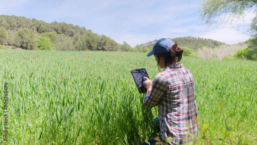 A farmer woman in a lush wheat field, using her digital tablet to ...