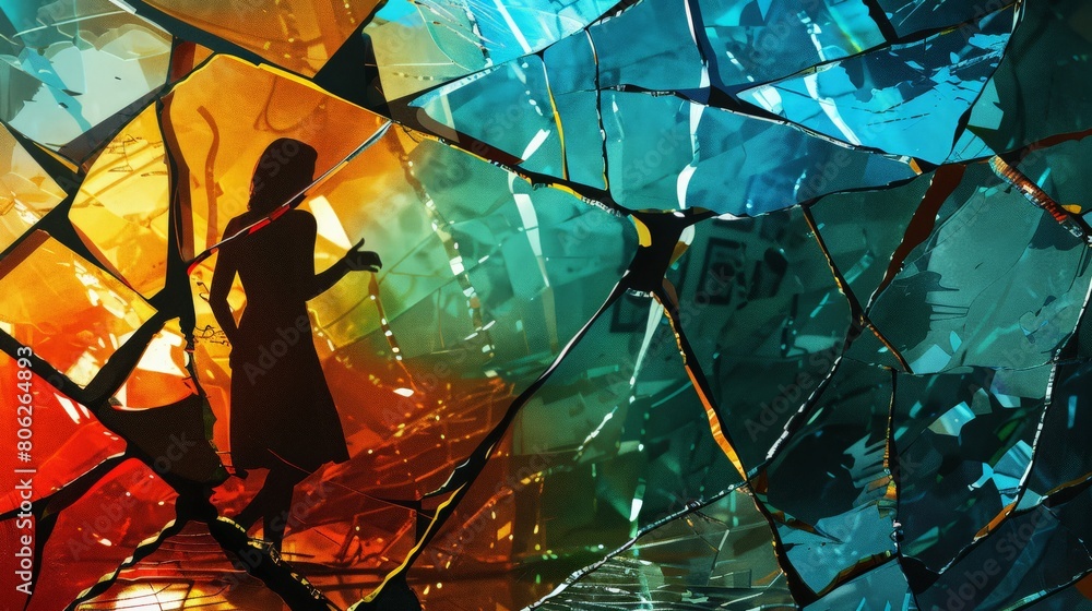 Artistic shattered glass montage with a woman silhouette, a powerful ...