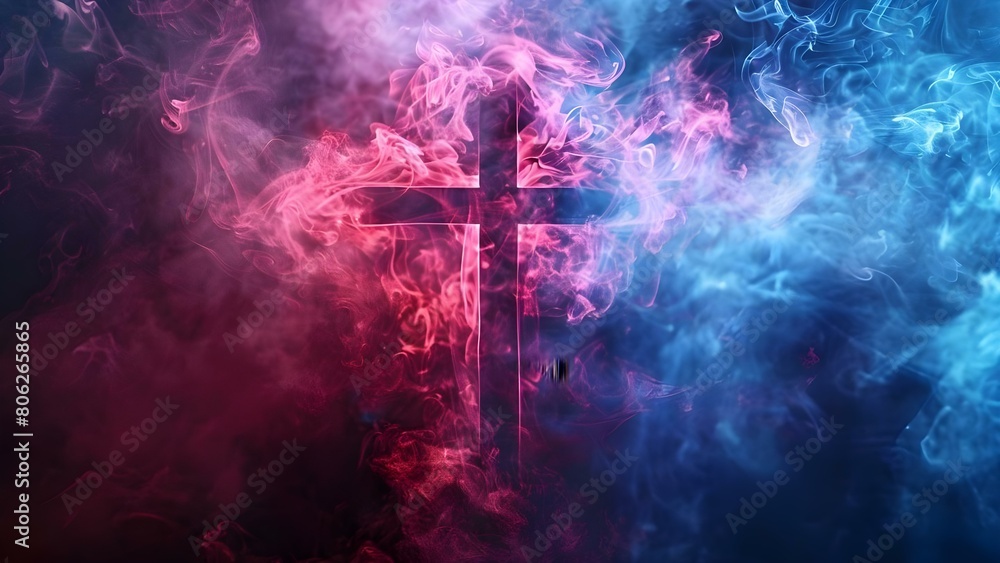 Symbolism of a Christian cross surrounded by red and blue smoke ...