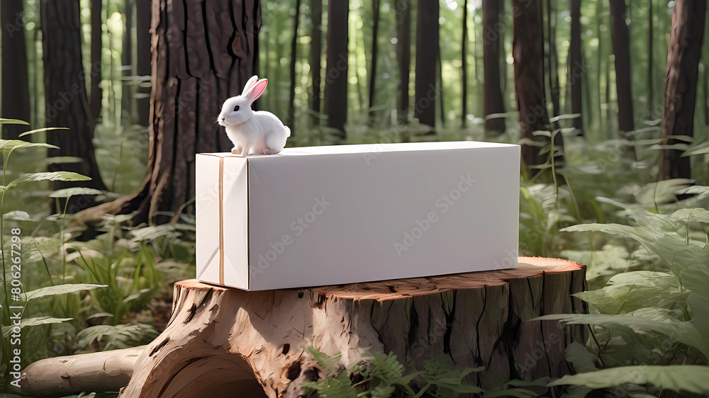 A rectangular white cardboard box stands upright on a stump in a summer ...