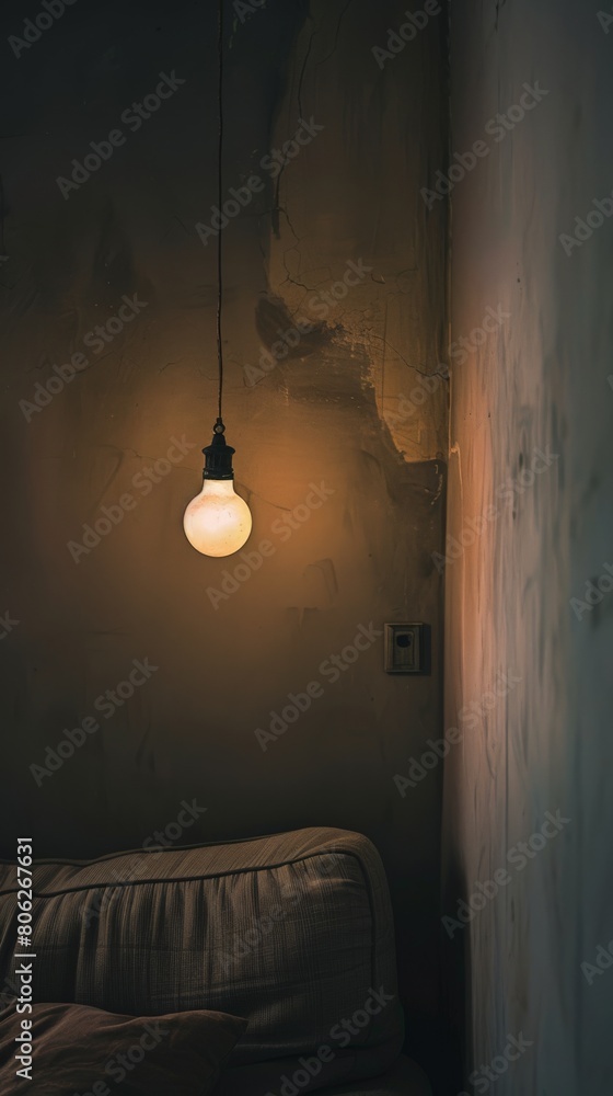 Dimly lit room with a single hanging light bulb symbolizes isolation ...