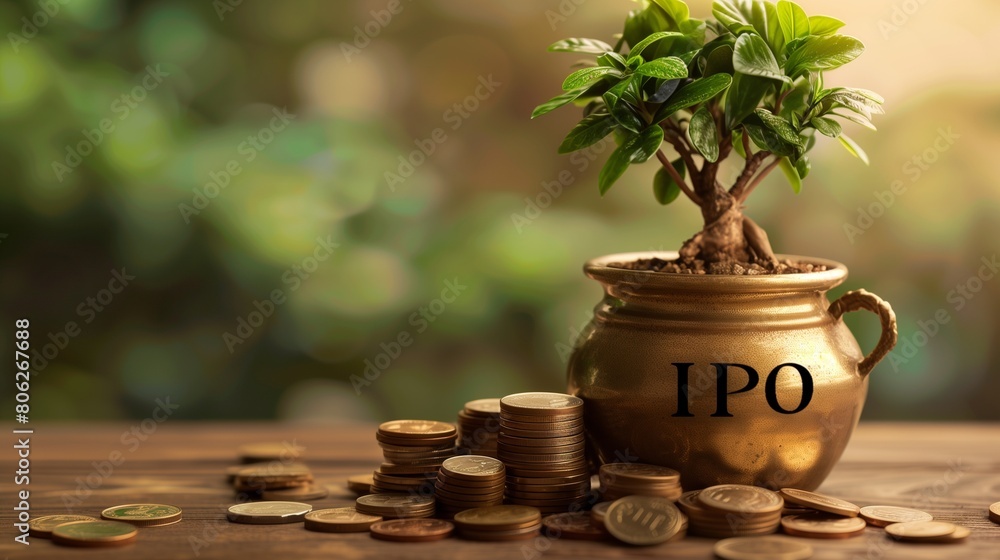 Money tree with leaves sprouting from a shiny golden pot labeled IPO ...